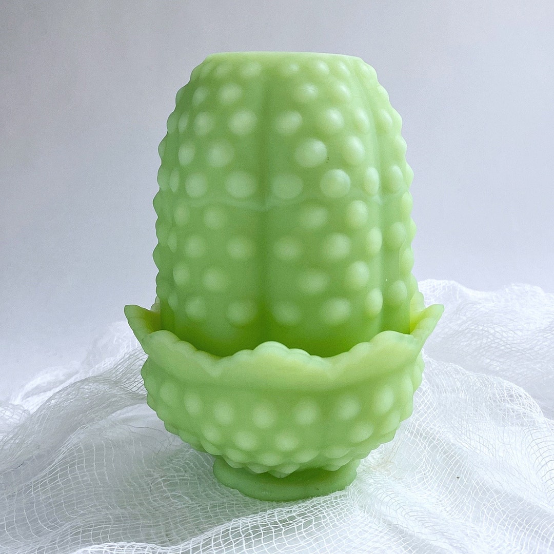 Vintage Fenton Hobnail Uranium Glass Fairy Lamp, Spring Green Satin ...