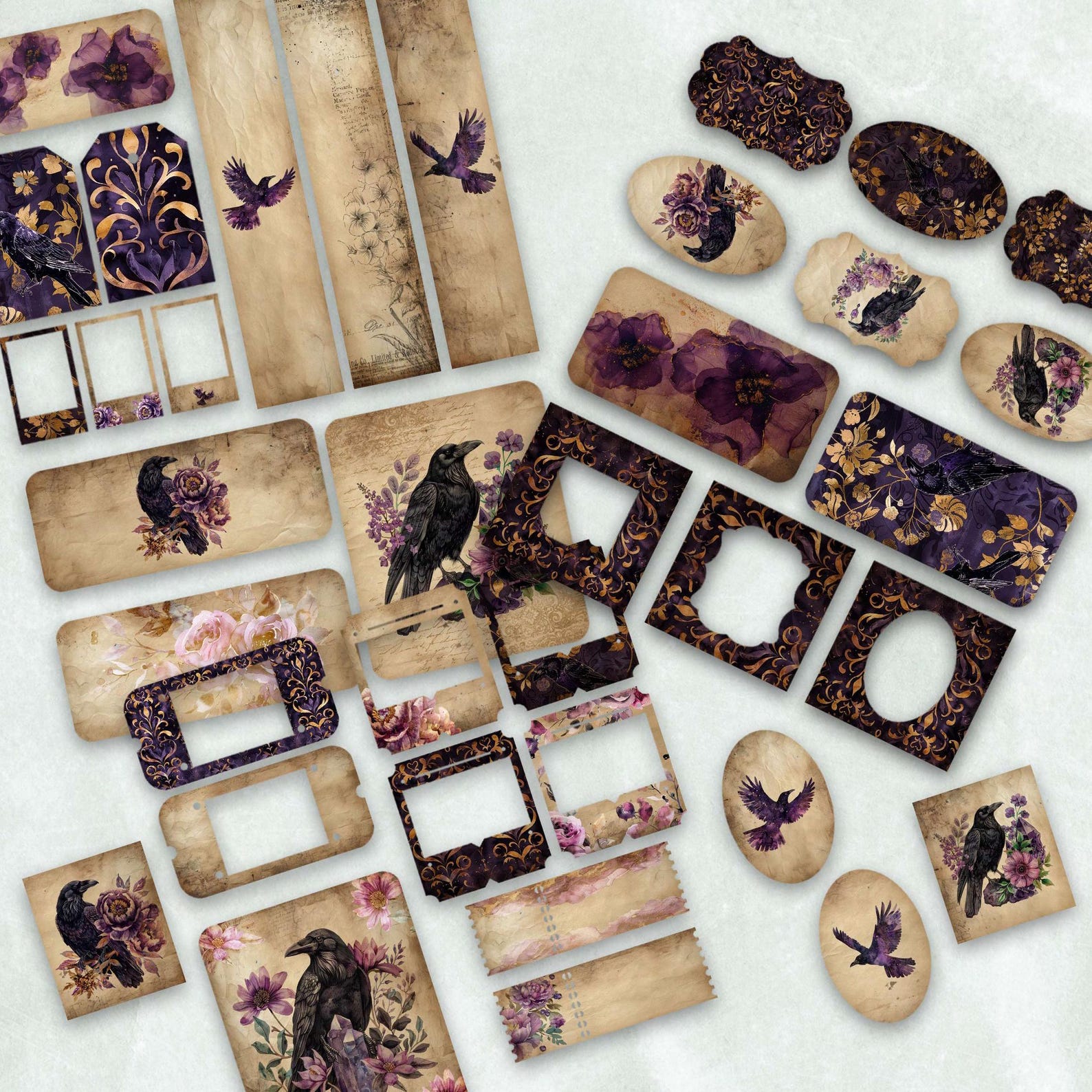 Junk Journal Ephemera Spooky Raven, Moody Purple Gold Peonies Crow ...