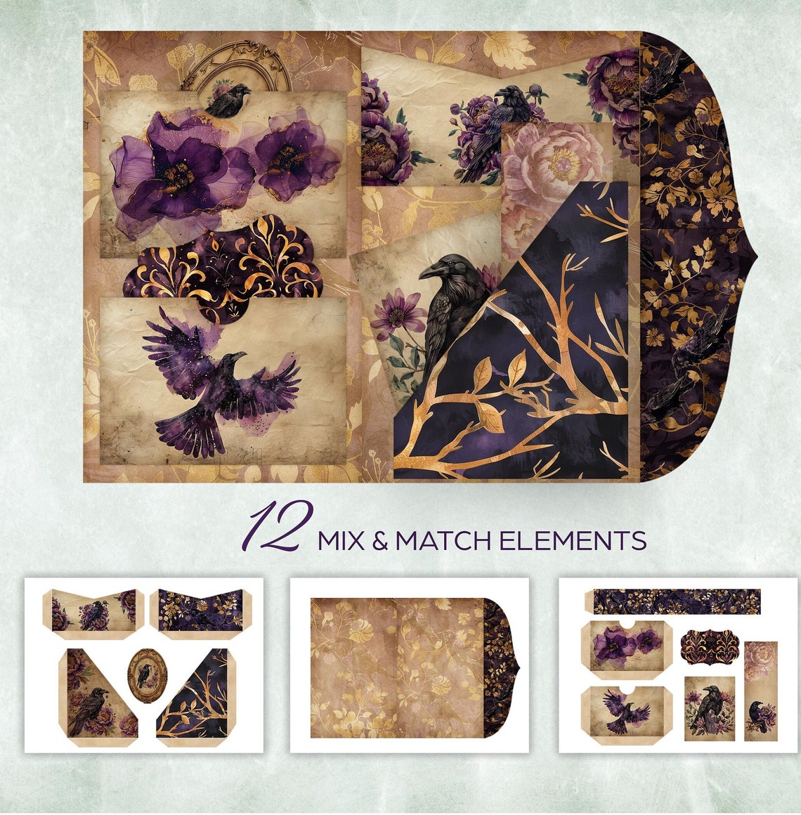 Raven Junk Journal Folio Kit, Moody Purple Gold Peonies Instant ...