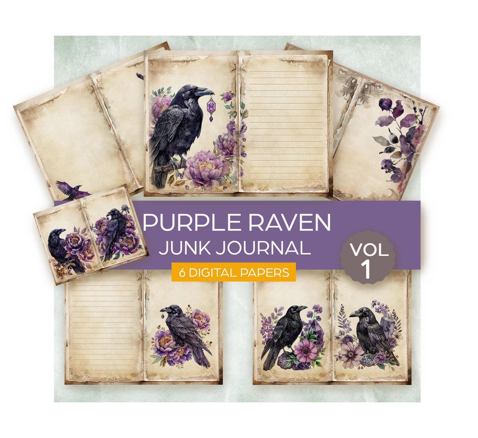 Raven and Floral Junk Journal Pages, Printable Vintage Gothic Ephemera ...