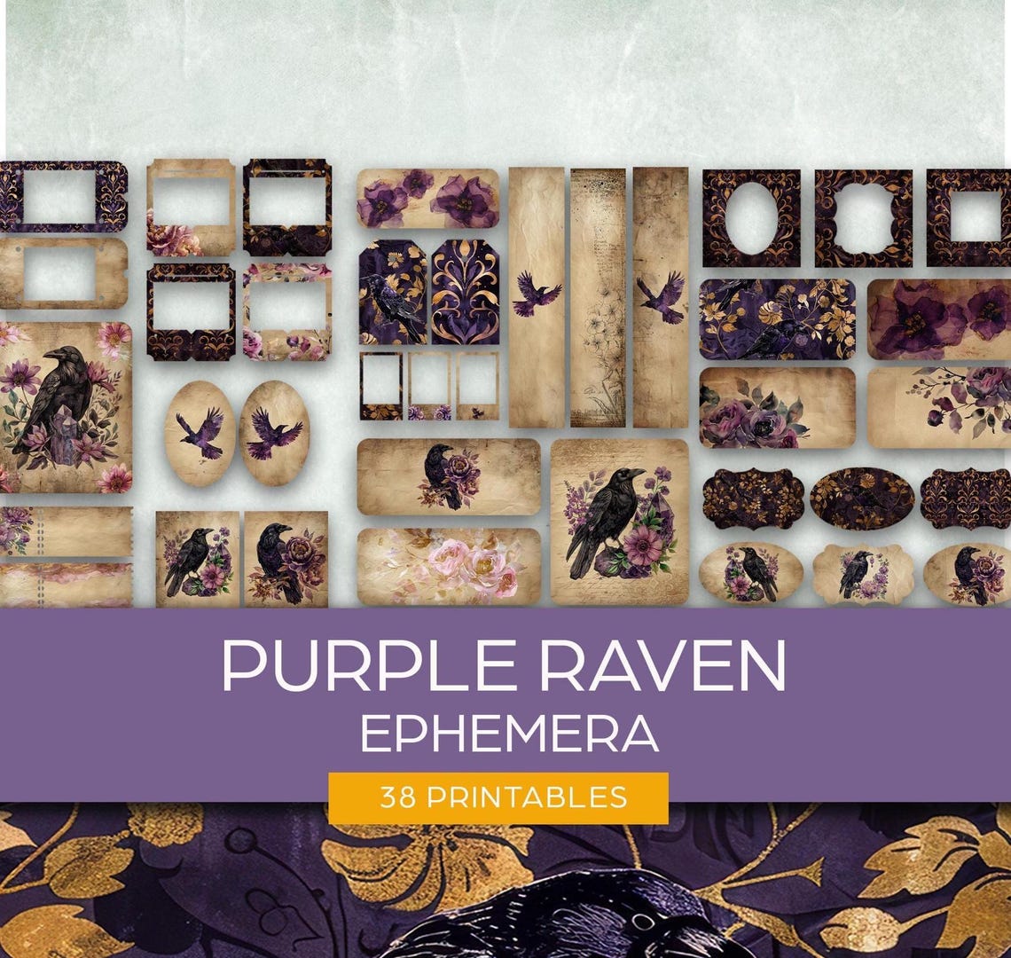 Junk Journal Ephemera Spooky Raven, Moody Purple Gold Peonies Crow ...