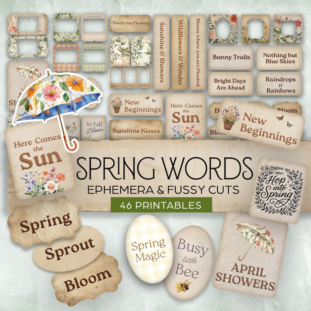 Spring Words Junk Journal, Fussy Cut Embellishment Sets, Easter Phrases ...