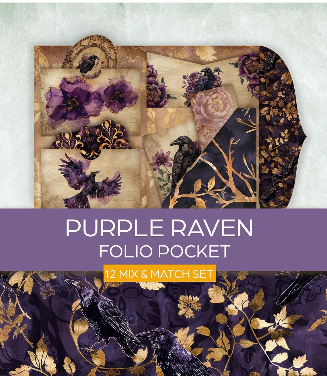 Raven Junk Journal Folio Kit, Moody Purple Gold Peonies Instant ...