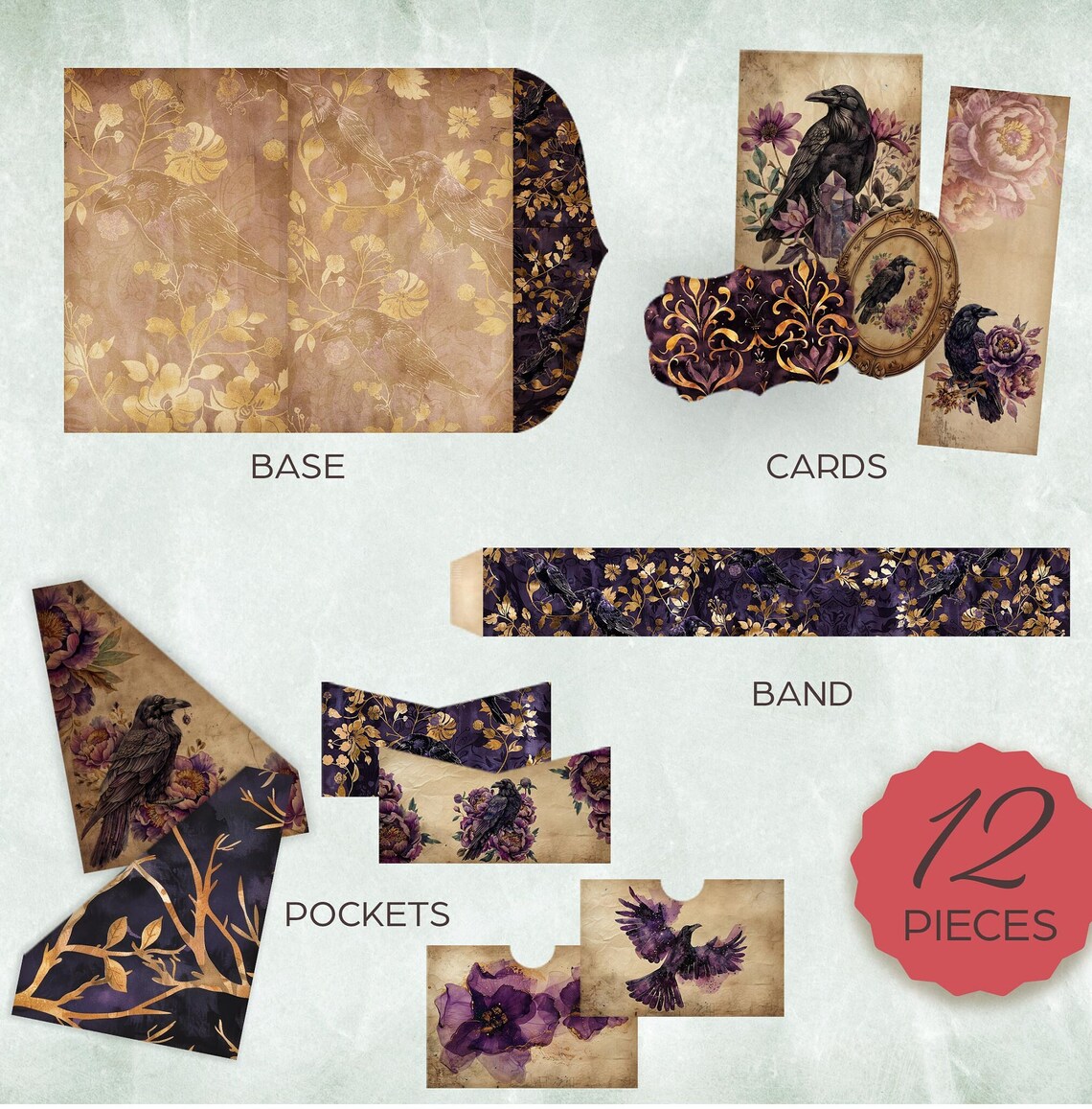 Raven Junk Journal Folio Kit, Moody Purple Gold Peonies Instant ...