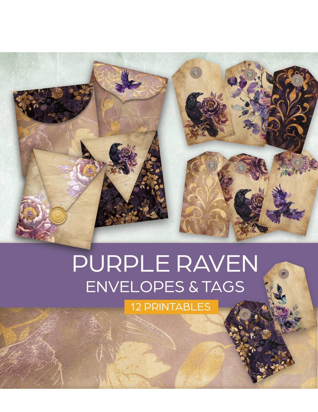 Raven Junk Journal Mini Envelopes & Tags, Moody Purple Gold Peonies ...