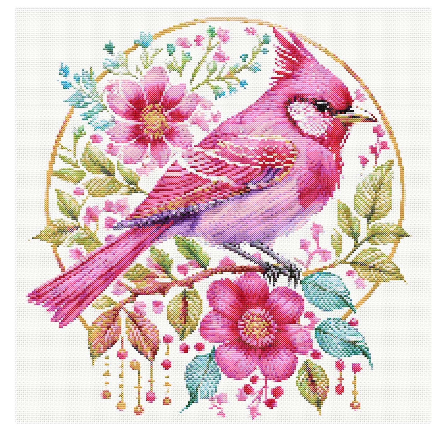 Cross Stitch Pattern Wall Art Pink Bird Emroidery Etamine AI Poster ...