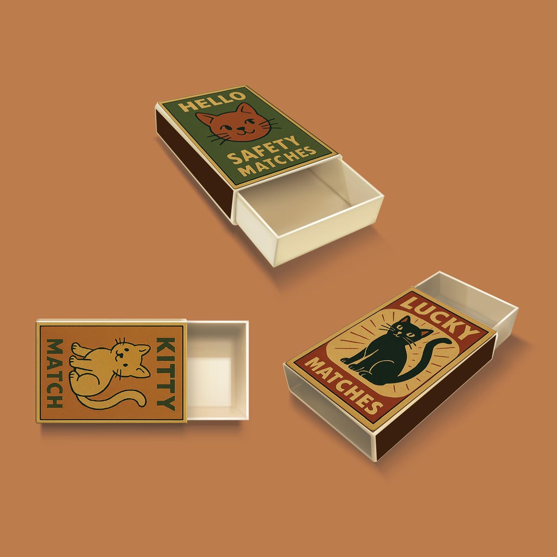Matchbox Template Retro Cats 12 Piece DIY Printable Kit PDF Instant ...