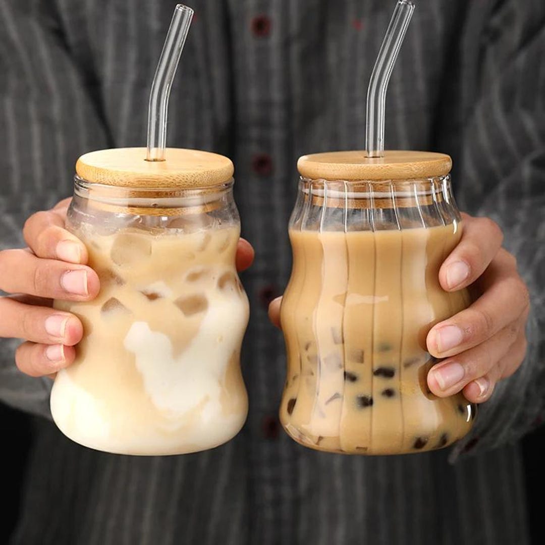 Wavy Cloud Glass Cup (16.9oz) With Bamboo Lid & Glass Straw - Etsy