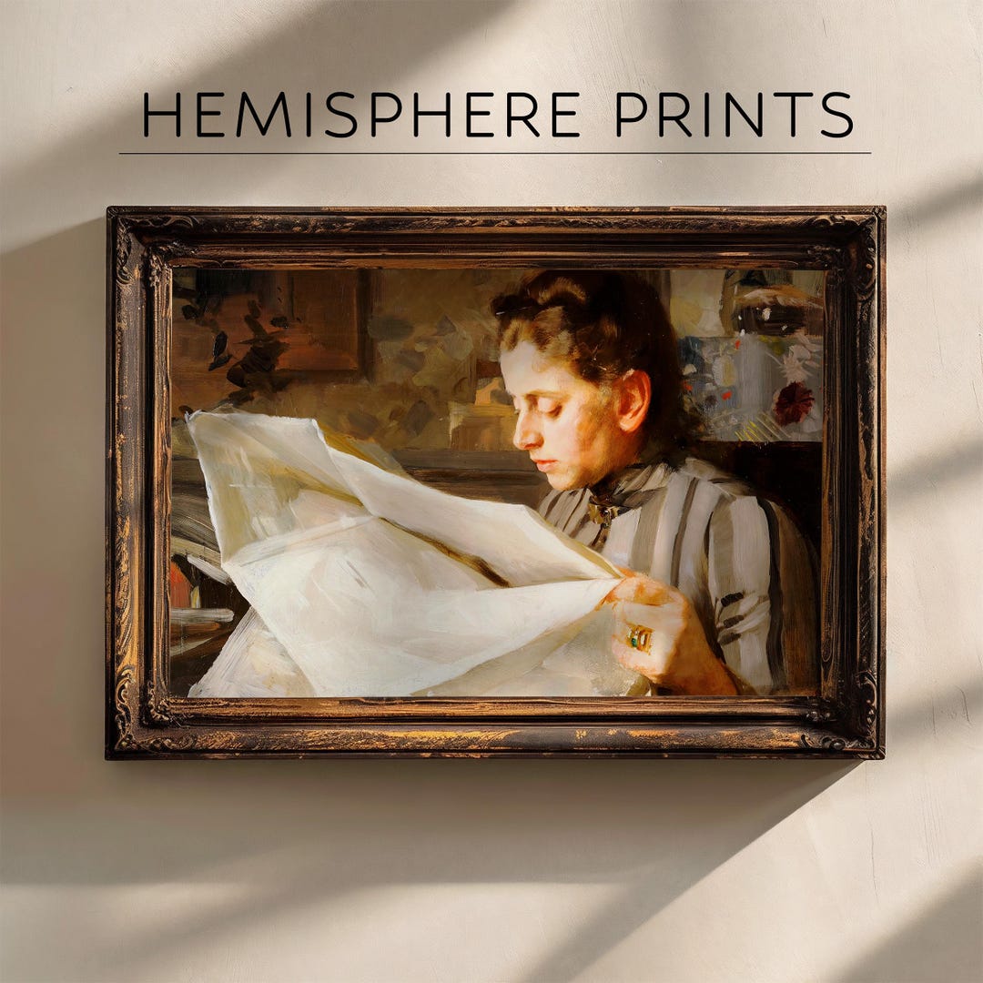 Vintage Oil Painting, Woman Reading Newspaper, Printable Digital ...