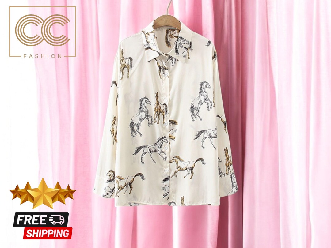 Women’s Casual Horse-print Blouse | Loose-fit Button-up Style | Elegant Long-sleeve Design ...