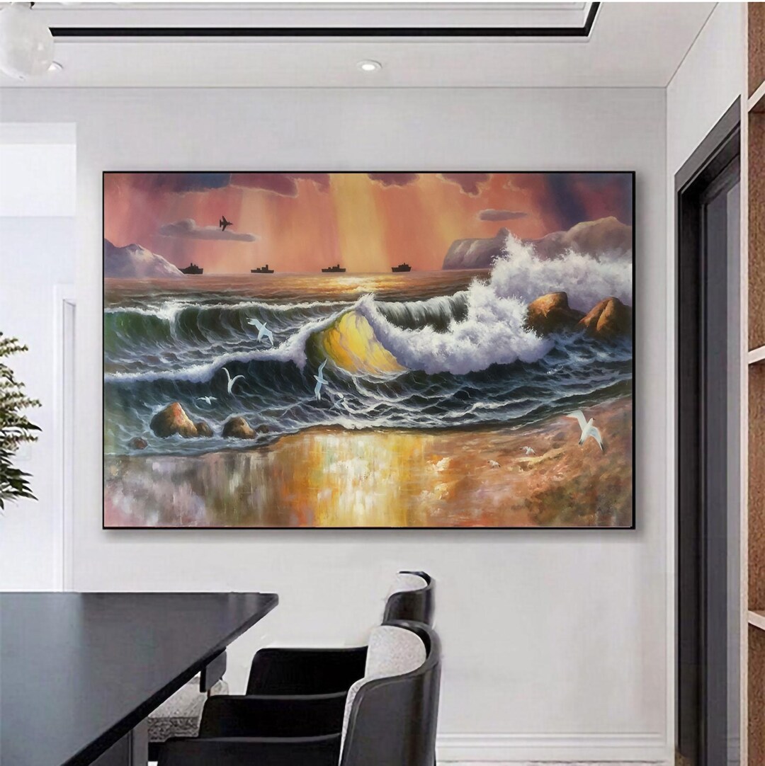 Hand Drawn Sea View Oil Painting, Wave Sunrise Painting, Original Mural ...