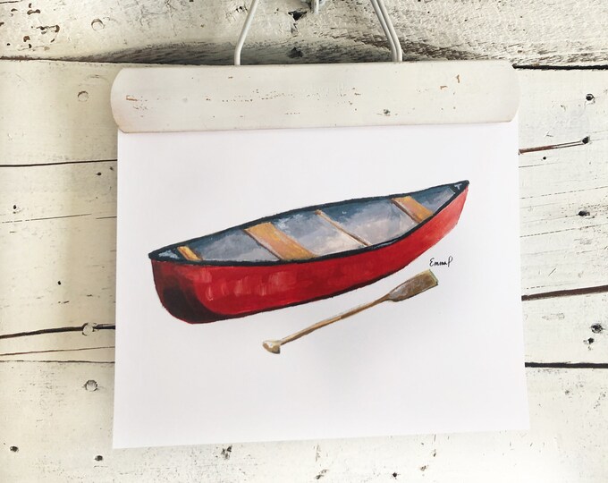 Art Print of Red Canoe and Paddle, 5 by 7 or 8 by 10 Inches, Frame ...