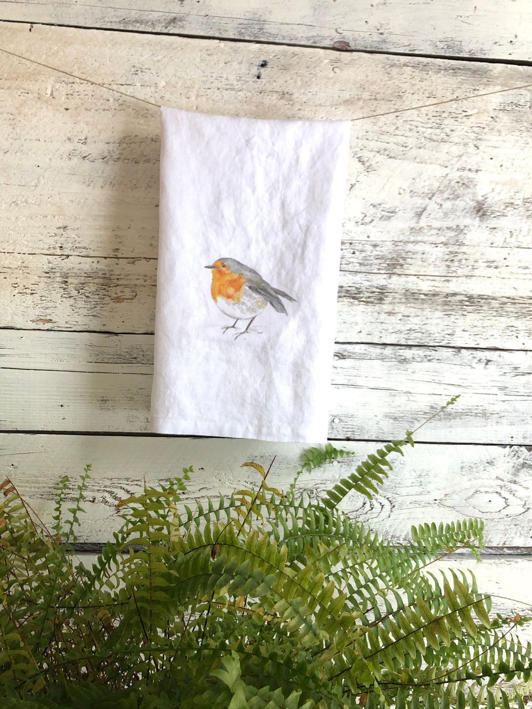 English Robin Tea Towel, White Stone Washed French Linen, Dish Towel ...