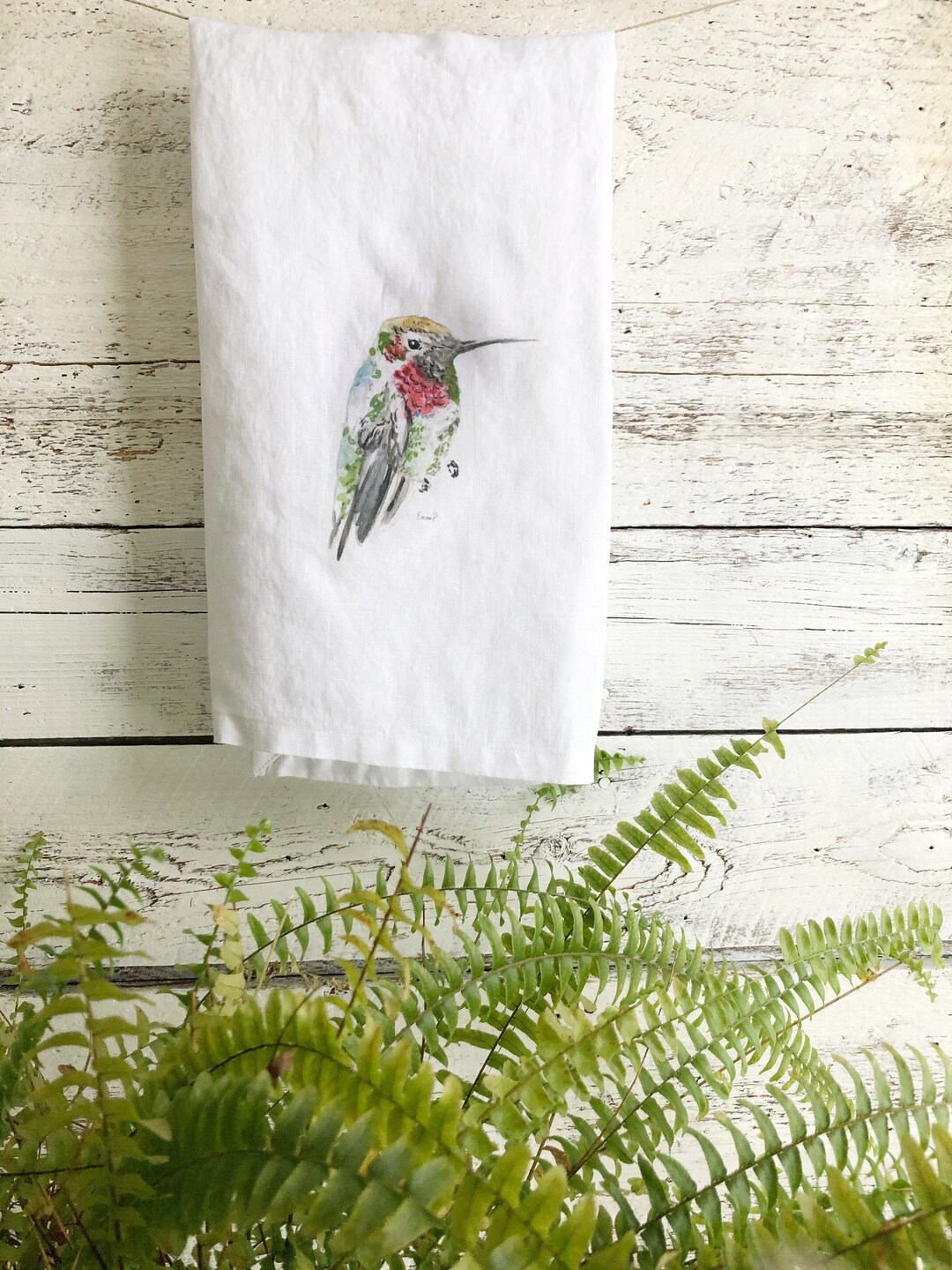 Ruby Throated Hummingbird Linen Tea Towel, White Stone Washed French ...