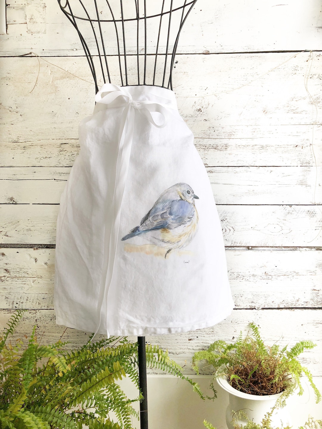 Linen Bluebird Cafe Apron. Bird Themed Gift for Chef or Baker. Machine ...