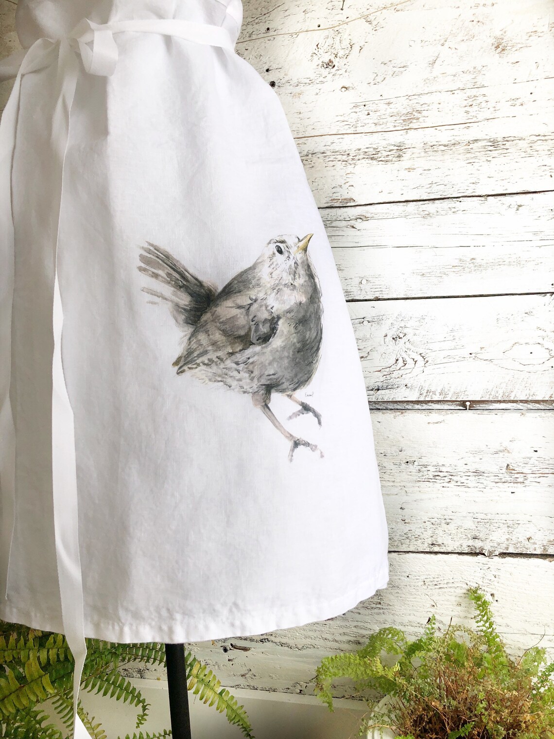 Wren Linen Cafe Apron Half Bistro Apron With Watercolor Bird | Etsy