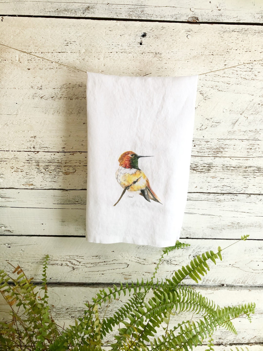 Rufous Hummingbird Tea Towel, White Stone Washed French Linen, Dish ...
