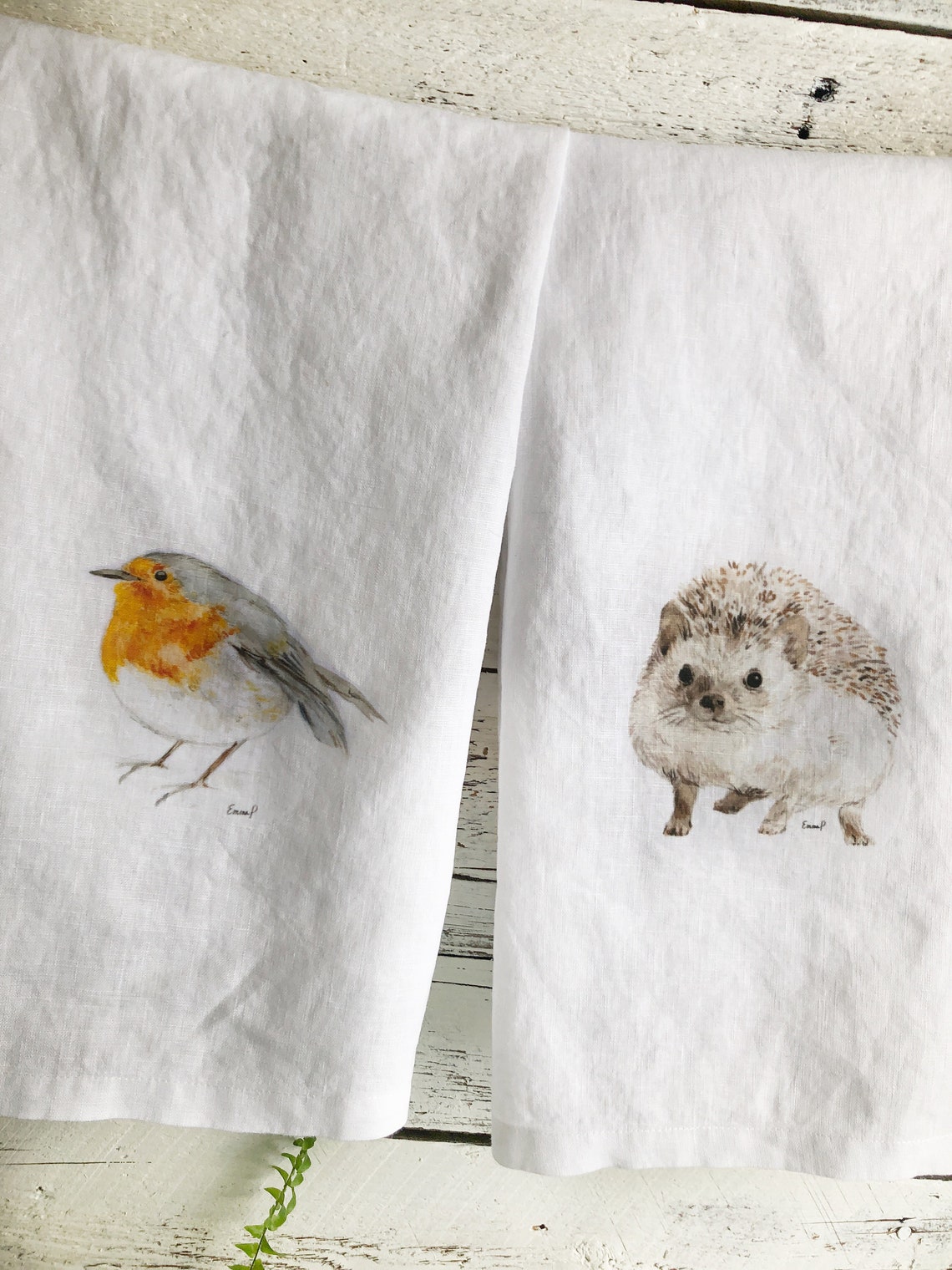 English Robin and Hedgehog French Linen Tea Towel Set, Kitchen Decor ...
