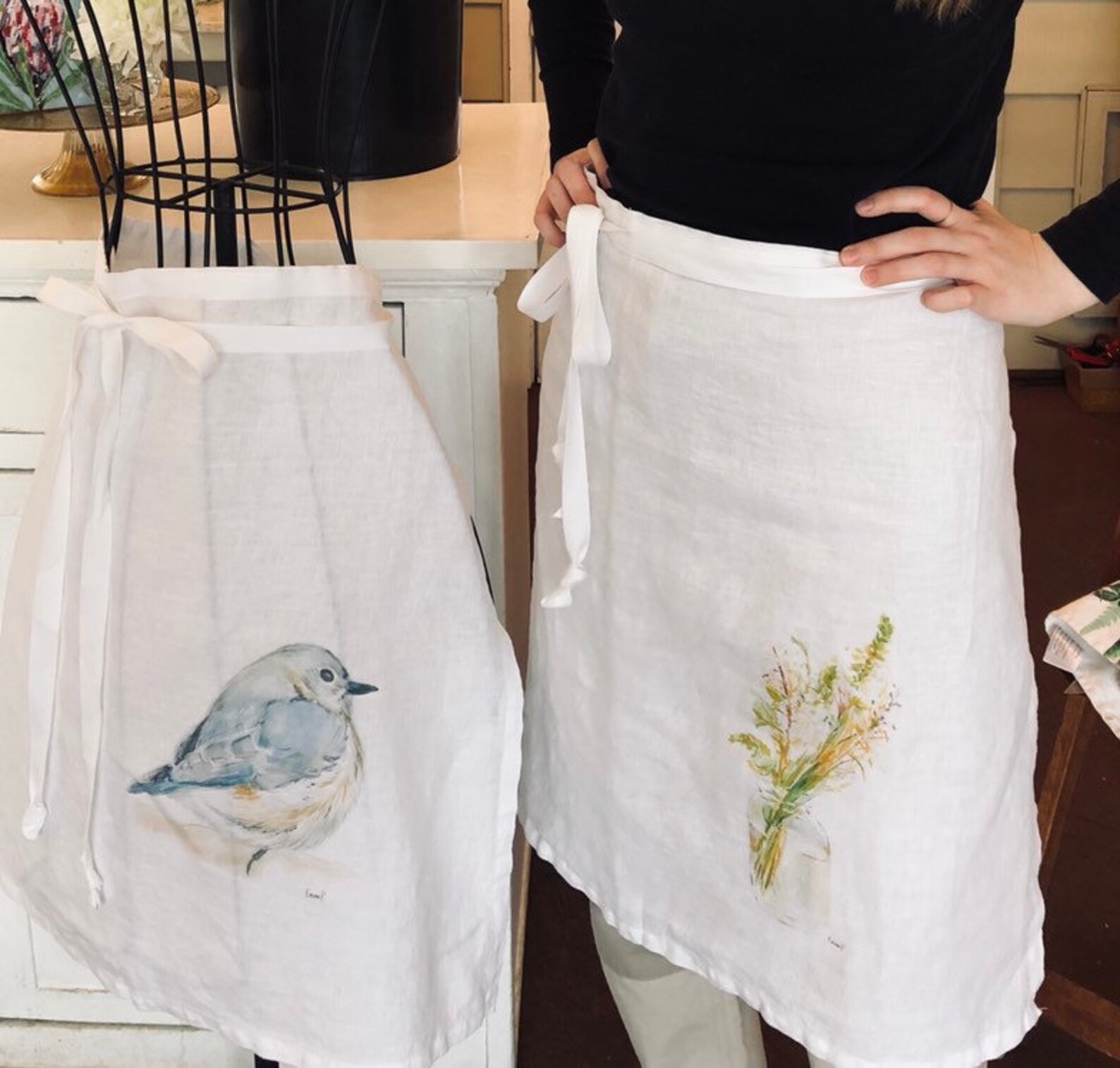 Linen Cafe Apron With Goldfinch Bird Art - Etsy