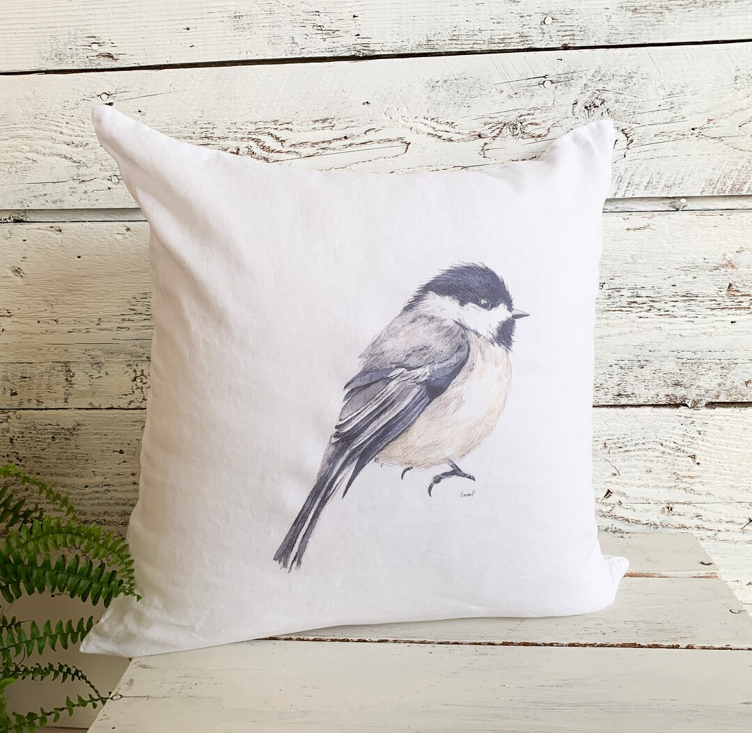 Linen Chickadee Pillow Cover , 17 Inch Square, White Stone Washed ...
