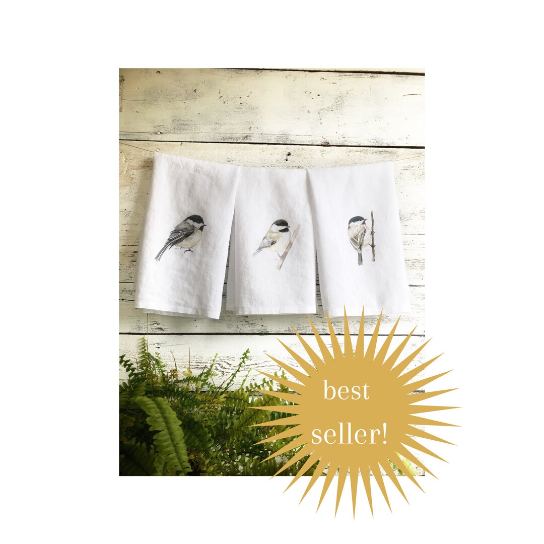 Set of Three Chickadee French Linen Tea Towels, Art by Emma Pyle ...