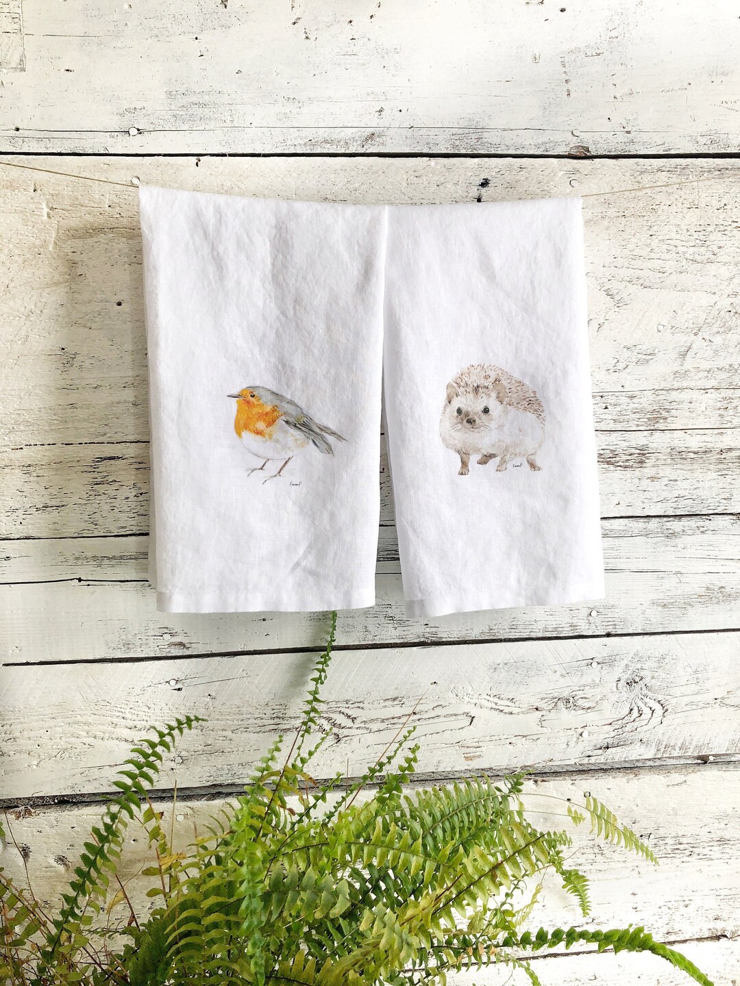 English Robin and Hedgehog French Linen Tea Towel Set, Kitchen Decor ...