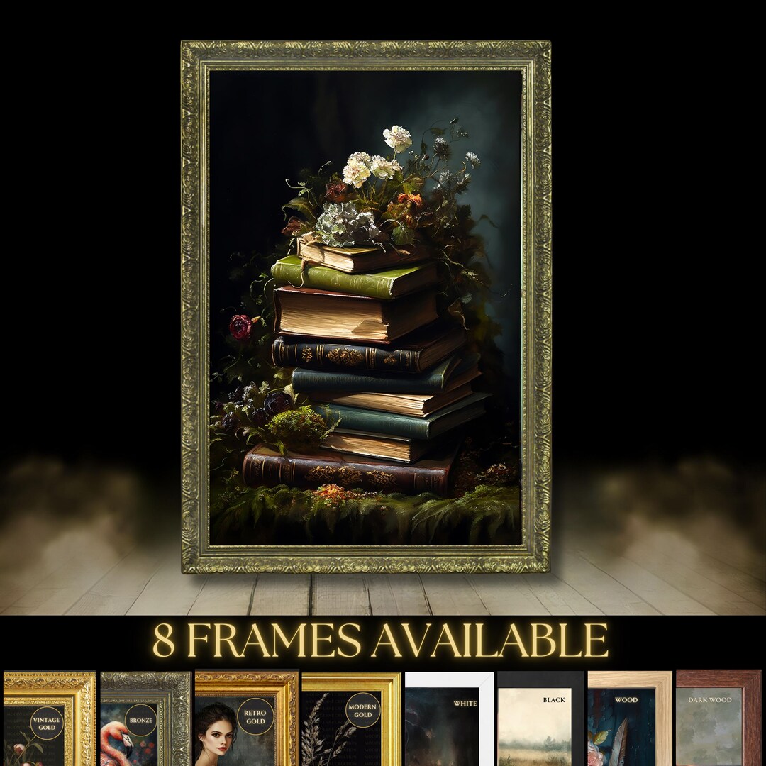Books and Flowers Framed Print, Ornate Gold Framed, Moody Art, Vintage ...