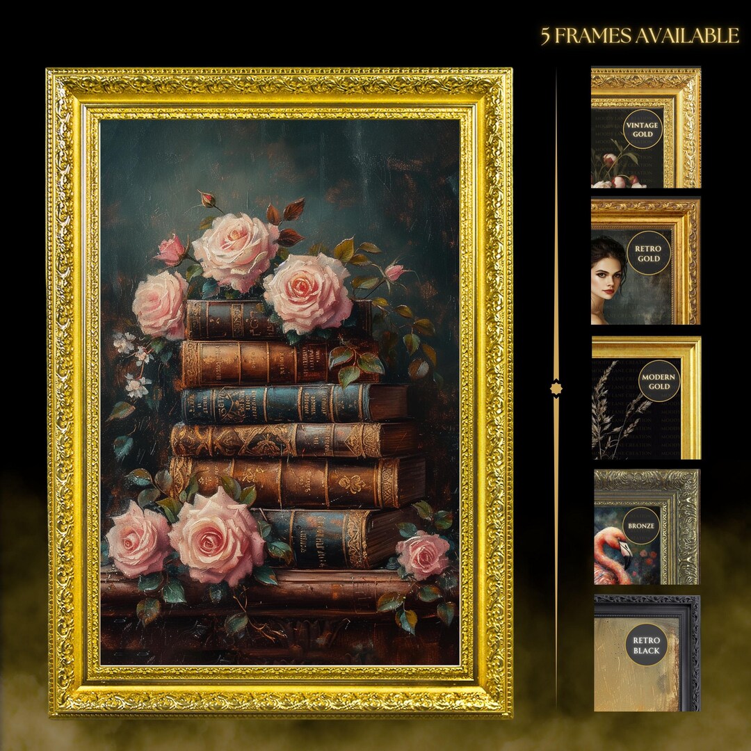 Books & Roses Framed Print Vintage Framed Prints, Ornate Gold Framed ...