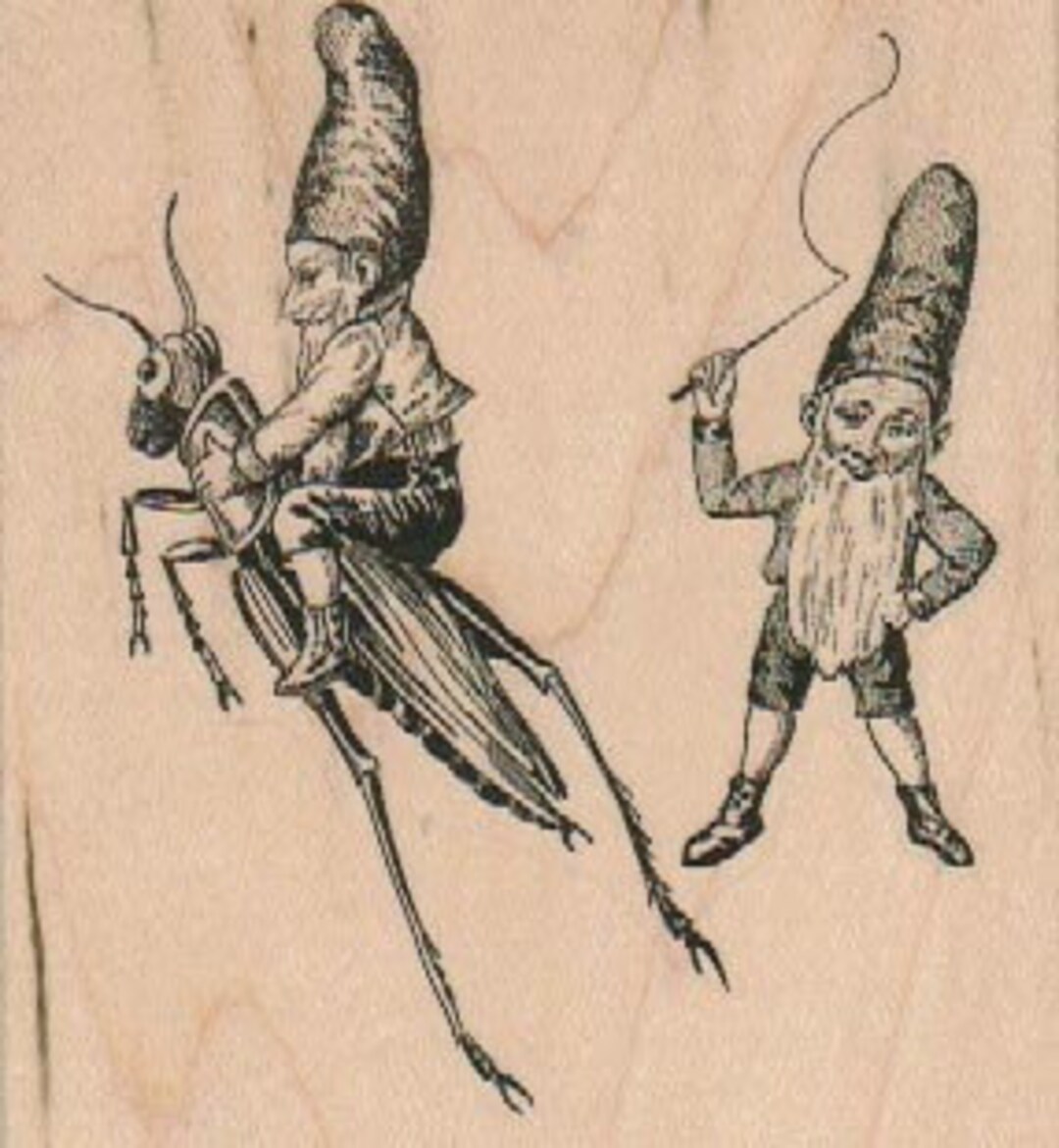 Rubber Stamp Two Gnomes Hobbit With Grasshopper Unmounted Scrapbooking ...