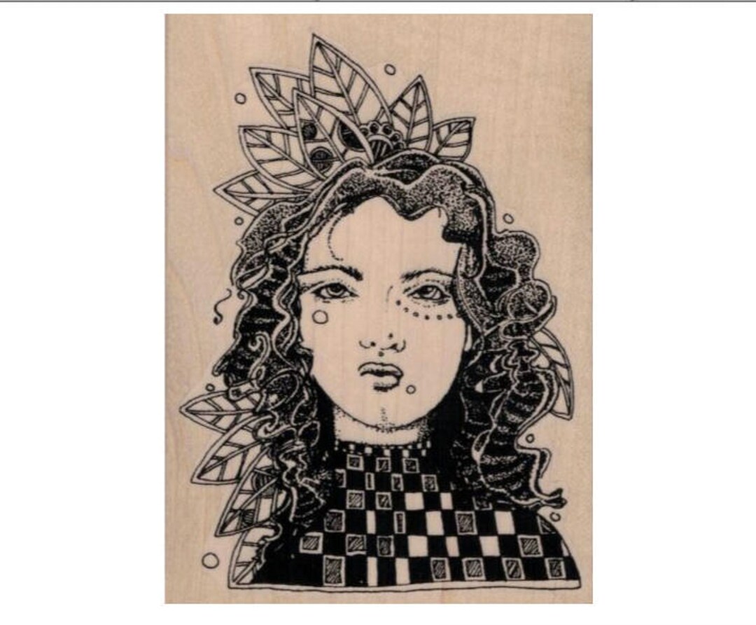Girl Face Rubber Stamp Whimsical Leaf Lady Face Steampunk Zentangle Art ...
