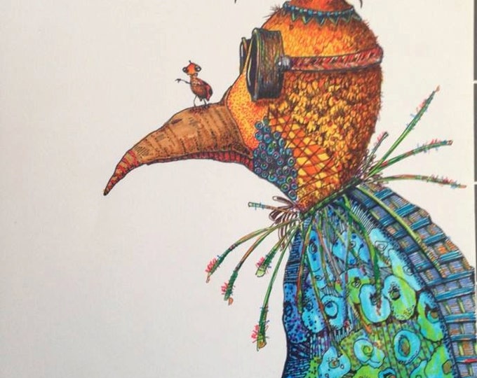Steampunk Bird Drawing Print Art Drawing Ink by Mary Vogel - Etsy