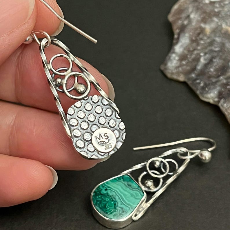 Malachite Earrings Handcrafted in Sterling Silver With Handmade Ear ...