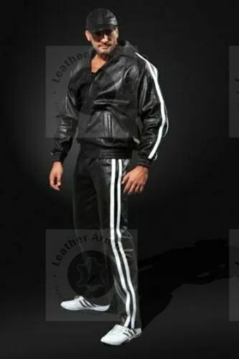 Men's Black Lambskin Leader Huddie Tracksuit With Two White Stripe ...