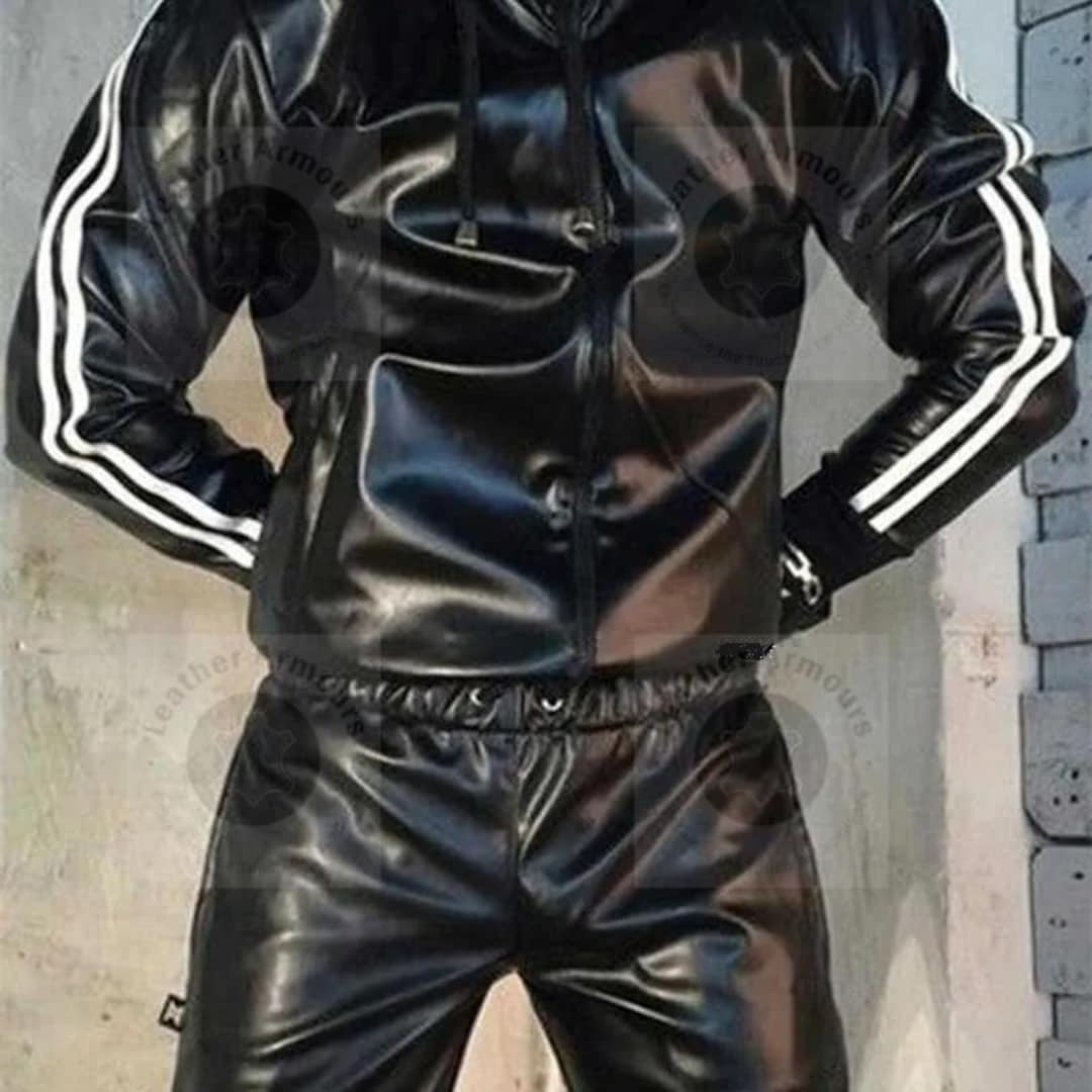Men's Black Lambskin Leader Huddie Tracksuit With Two White Stripe ...