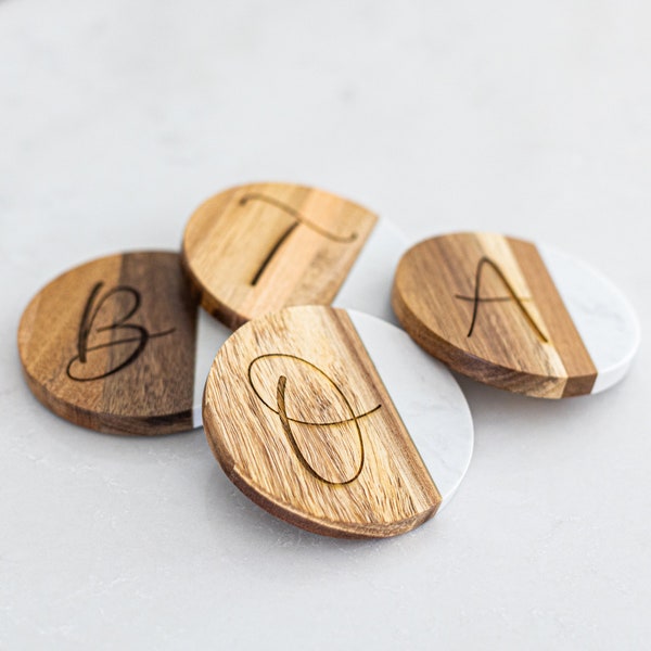 Marble Wood Initial Coasters Set - Etsy