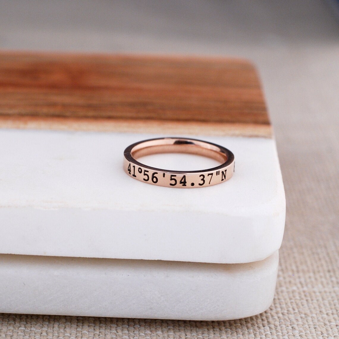 Rose Gold Latitude Longitude Ring Valentine's Gift for | Etsy