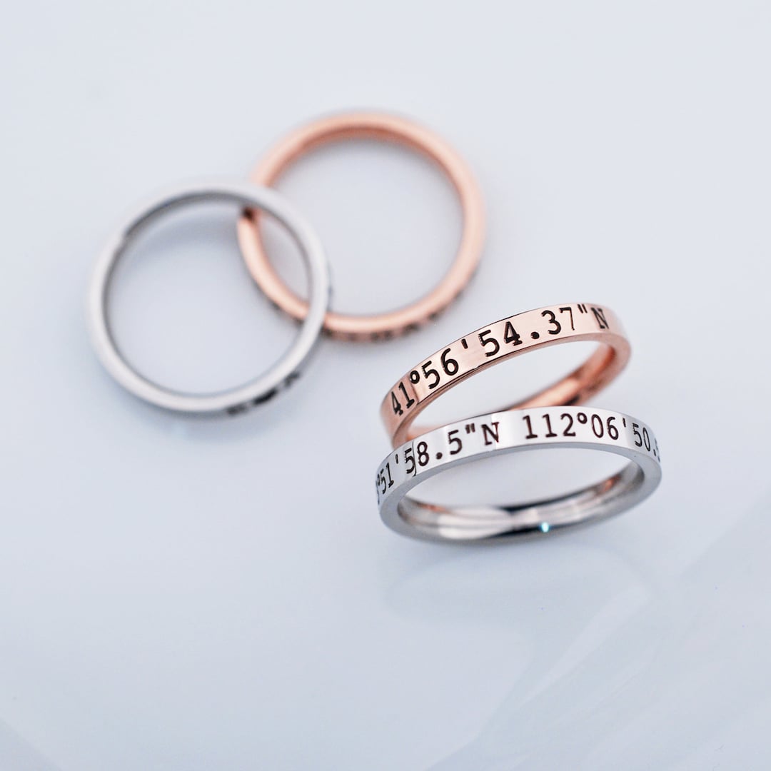 Latitude Longitude Stacking Ring, 3mm Engraved Coordinates Ring ...
