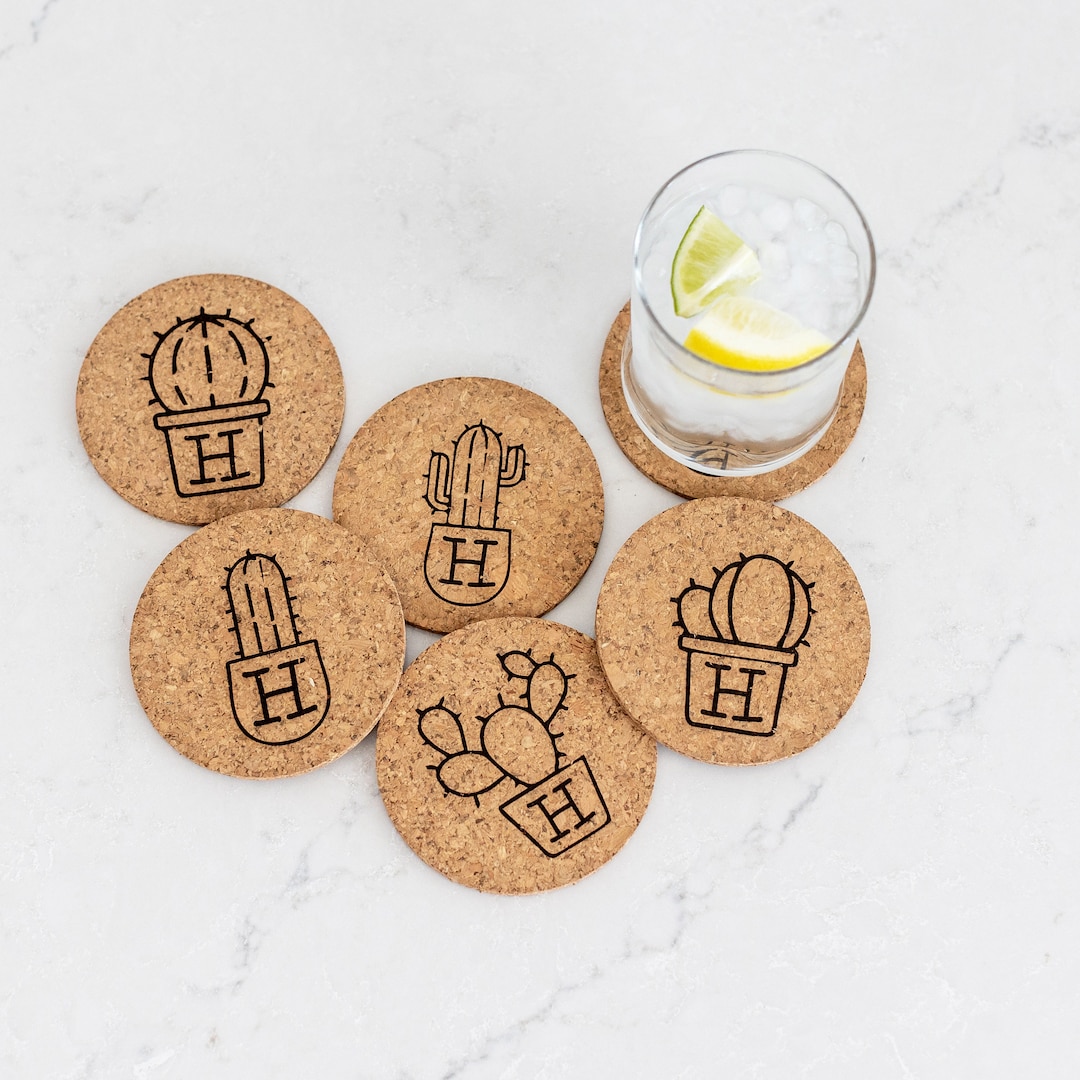 Succulent Cork Coaster Set With Initial, Engraved Coaster Set ...