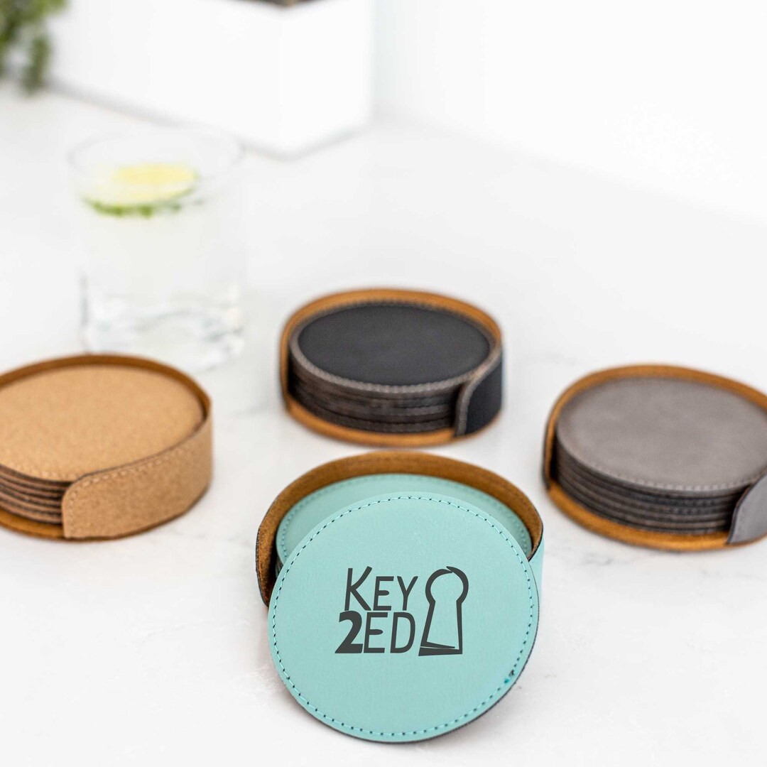 Leather Coasters With Logo, Personalized Vegan Leather Coaster Set With ...