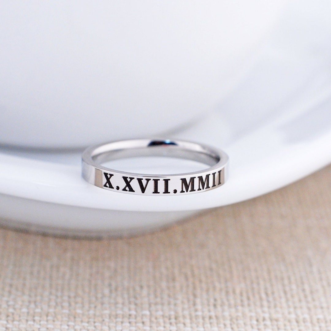 Roman Numeral Stacking Ring, 3mm Engraved Ring, Personalized Stacking ...