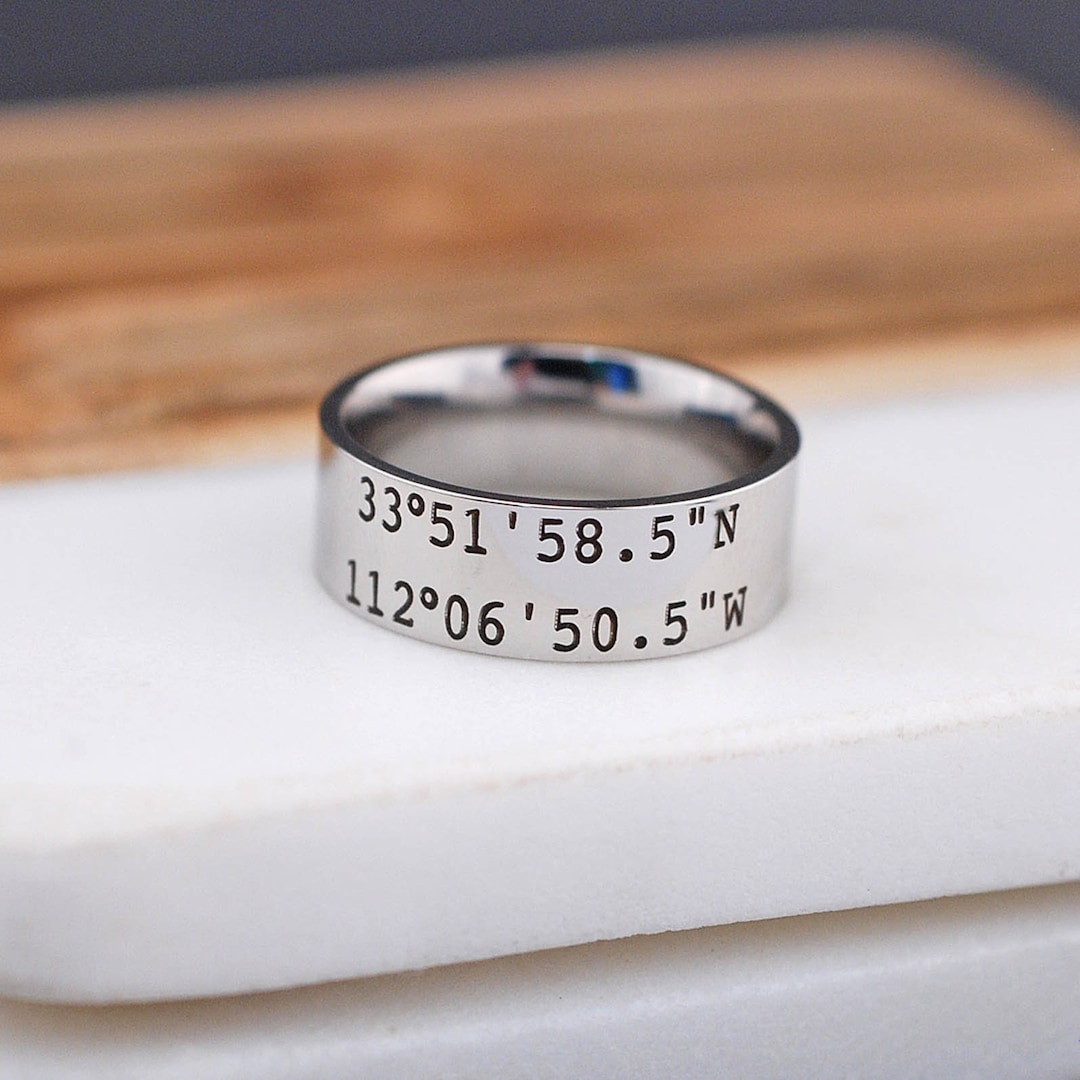 Latitude Longitude Ring, 8mm Engraved Coordinates Men's Ring ...