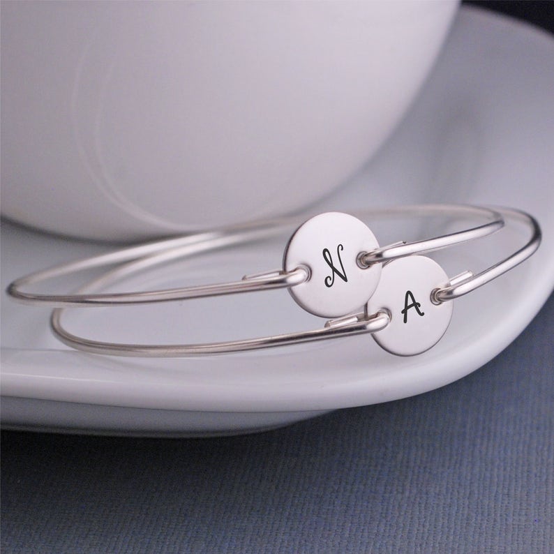Simple Initial Bracelet, Custom Sterling Silver Bangle Bracelet ...