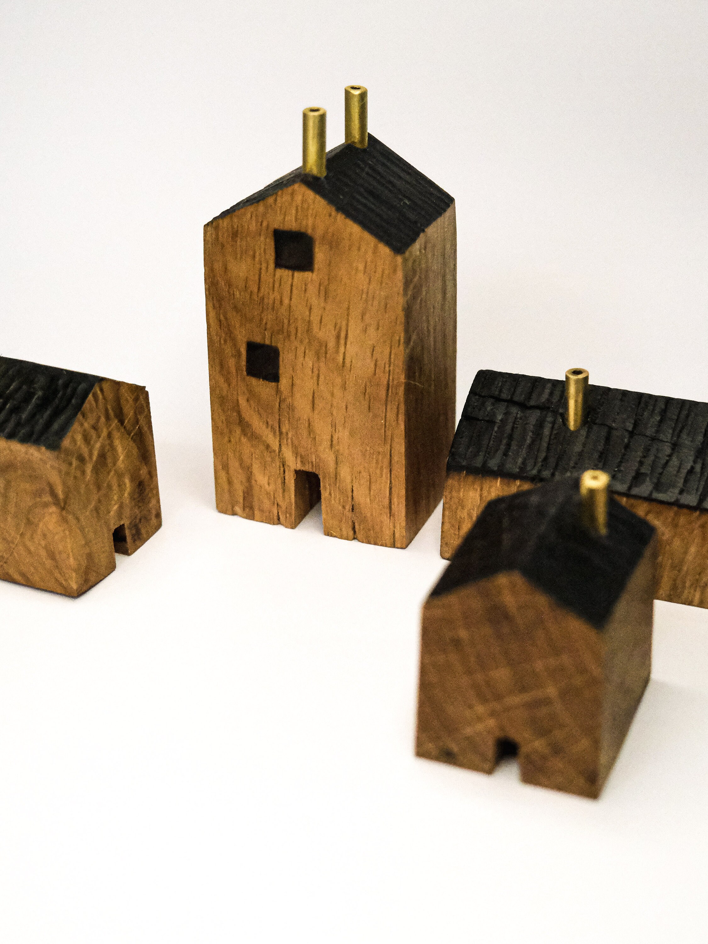 Hand-carved Oak Village Miniatures: Set of 4 Wooden Houses With Brass ...