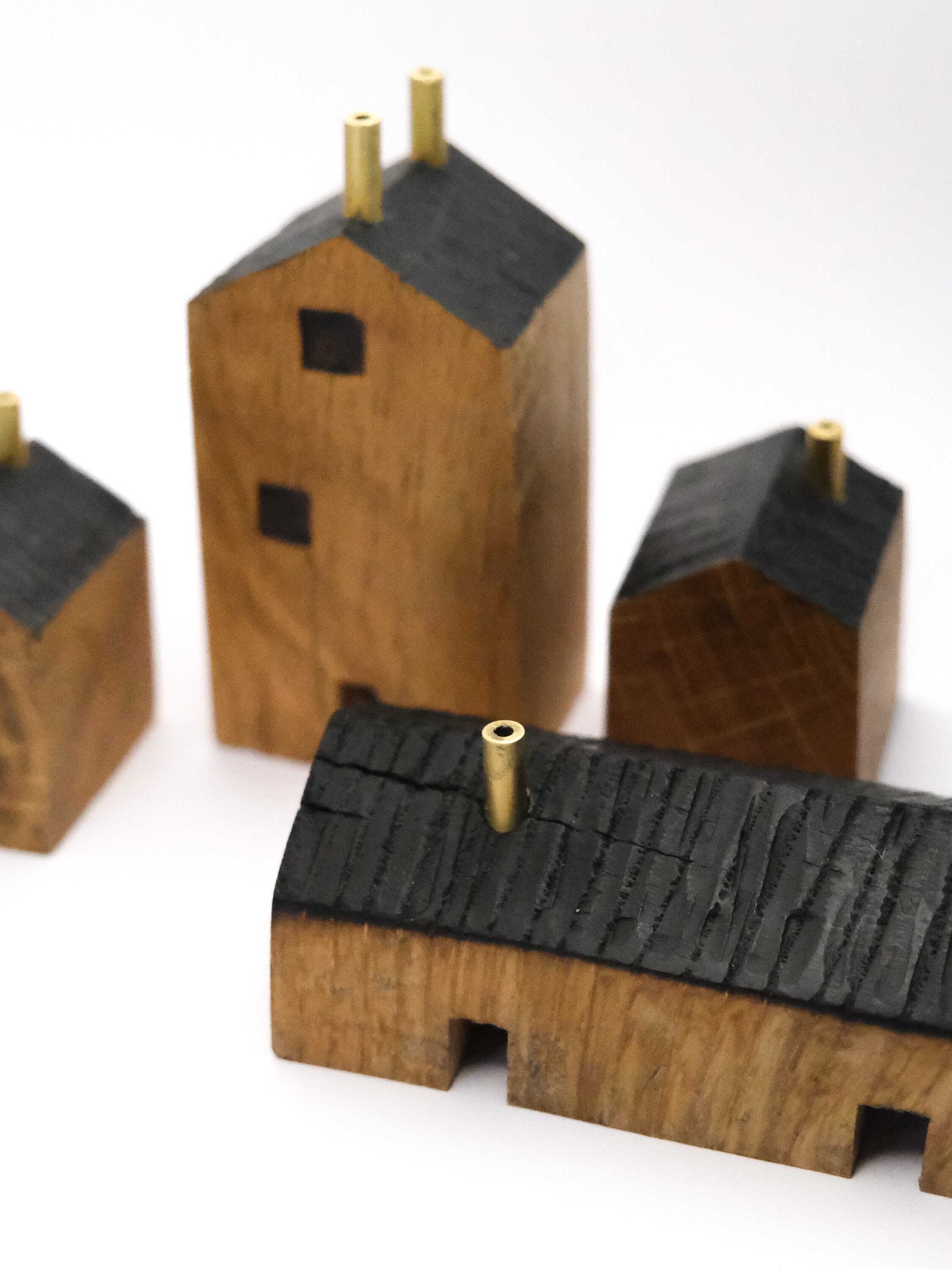 Hand-carved Oak Village Miniatures: Set of 4 Wooden Houses With Brass ...