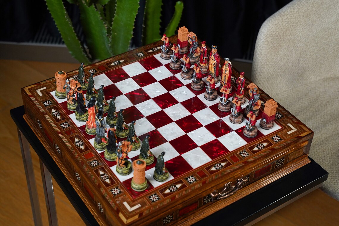 Wooden Chess Set Handmade Camelot Chess Pieces Hand Painted Chess ...