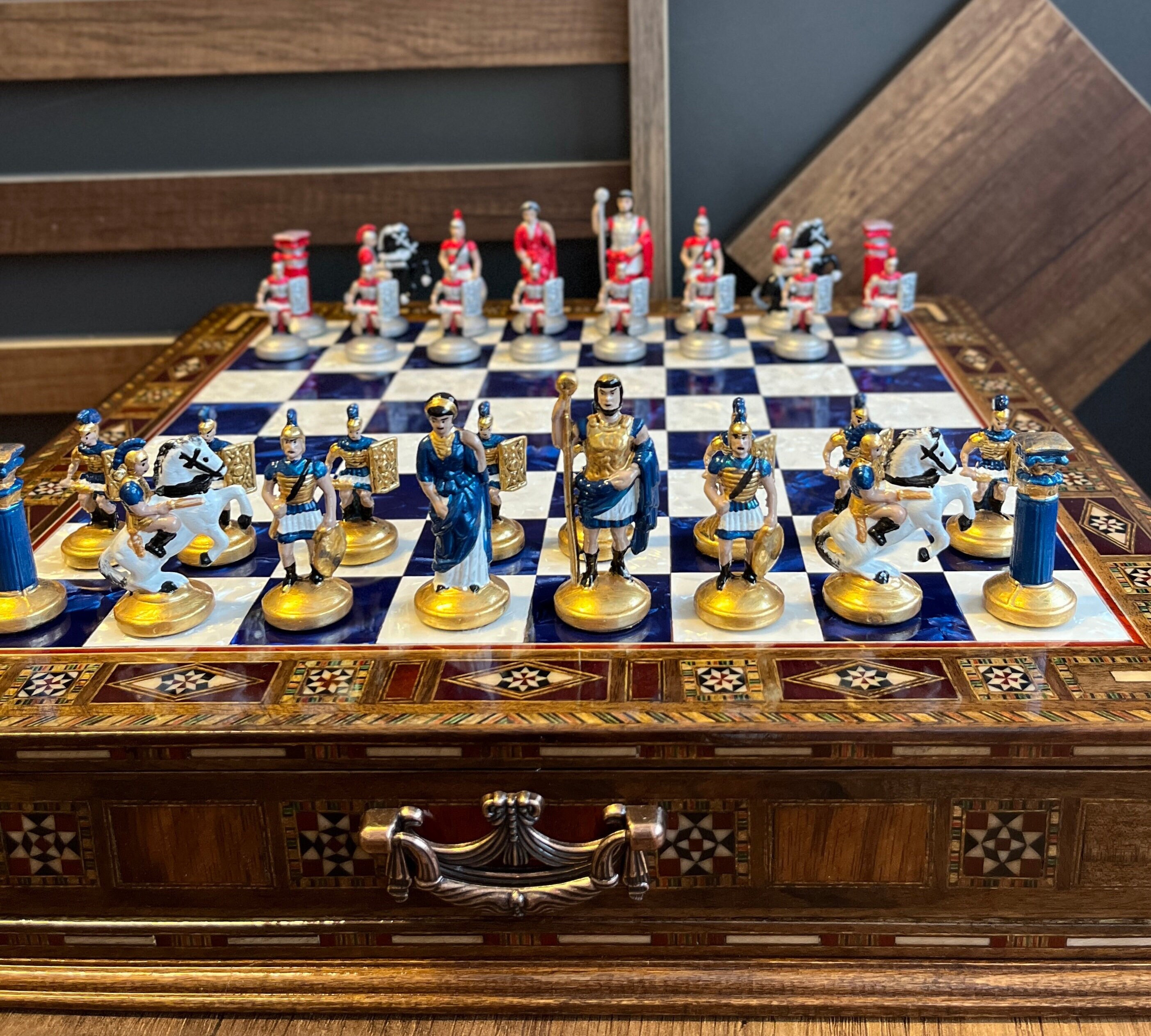 Hand Painted Chess Pieces in Roman Style Blue Chess Board With Storage ...
