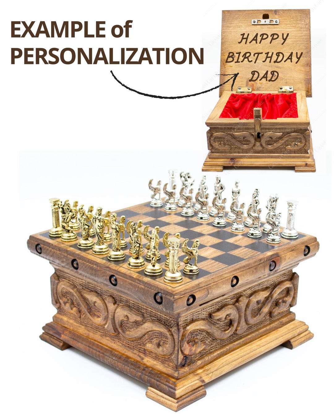 Engraved Chess Board Unique Puzzle Box Handmade Chess Set With Storage ...