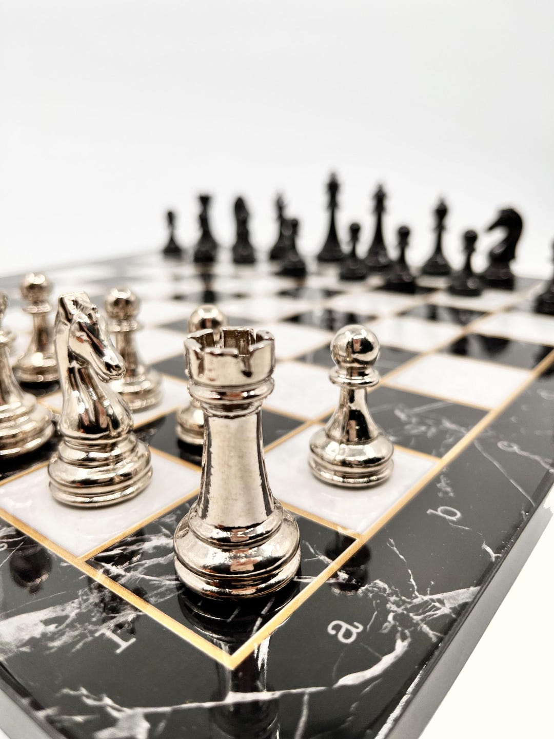 Unique Chess Set Metal Chess Pieces With Wooden Black White Chess Board ...