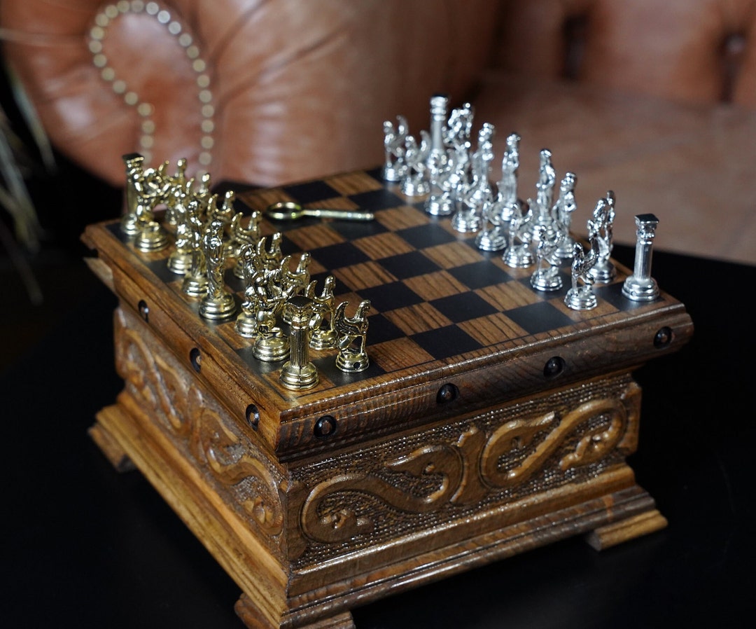 Engraved Chess Set, Handmade Wooden Chess Set With Storage Metal Chess ...