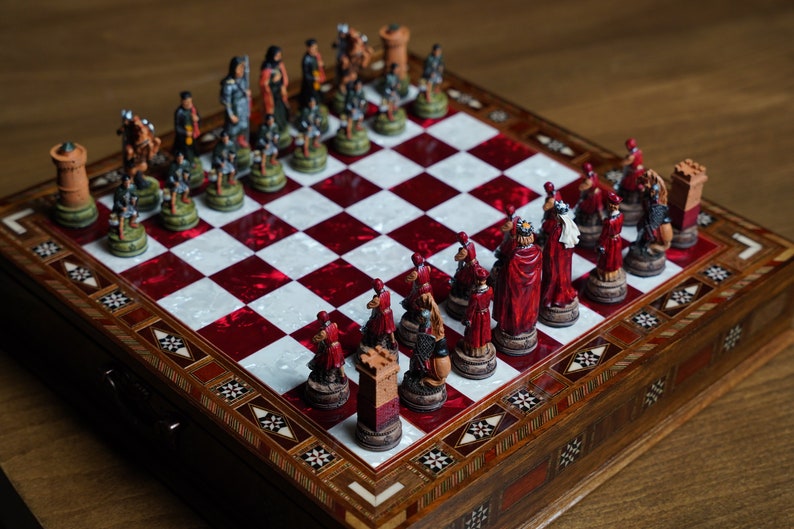 Wooden Chess Set Handmade Camelot Chess Pieces Hand Painted Chess Figures Custom Chess Set ...